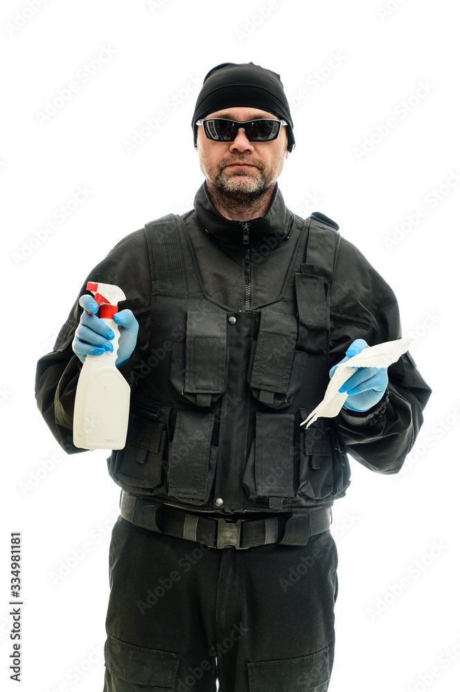 Concept Isolated portrait on a white background man in black police ...