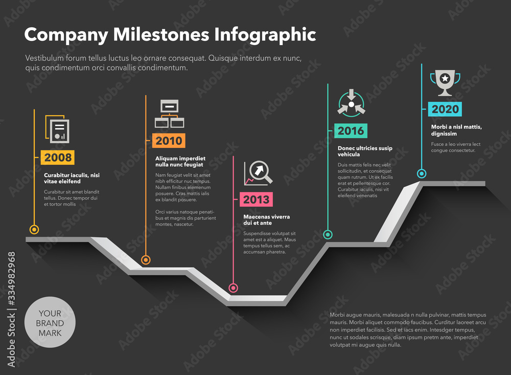 Company milestones timeline template with colorful pointers on a ...