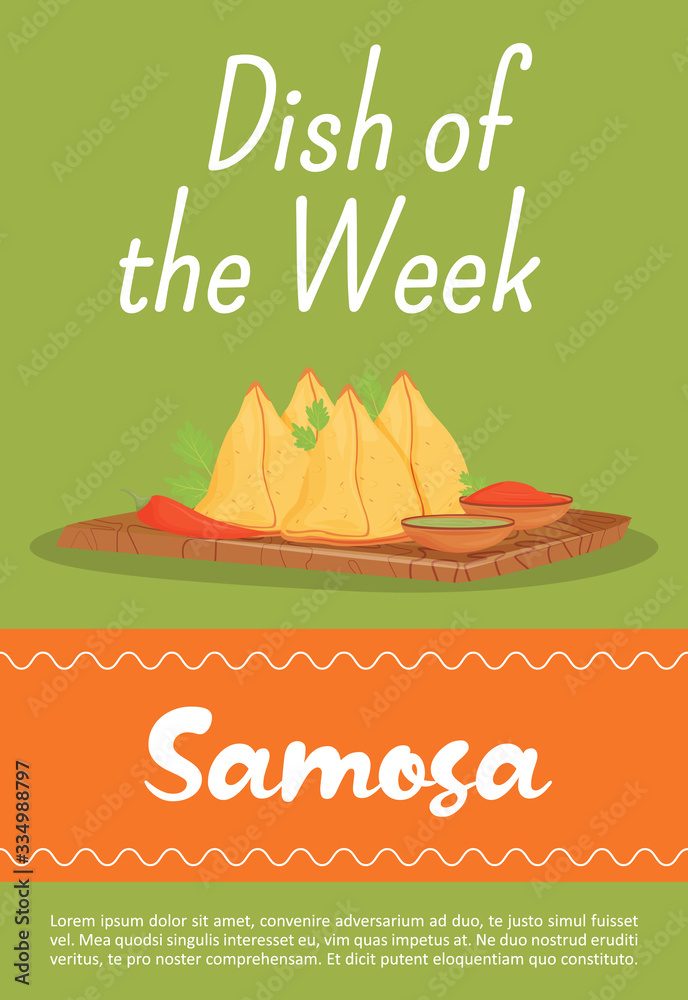 Samosa, traditional Indian meal poster flat vector template. Restaurant ...