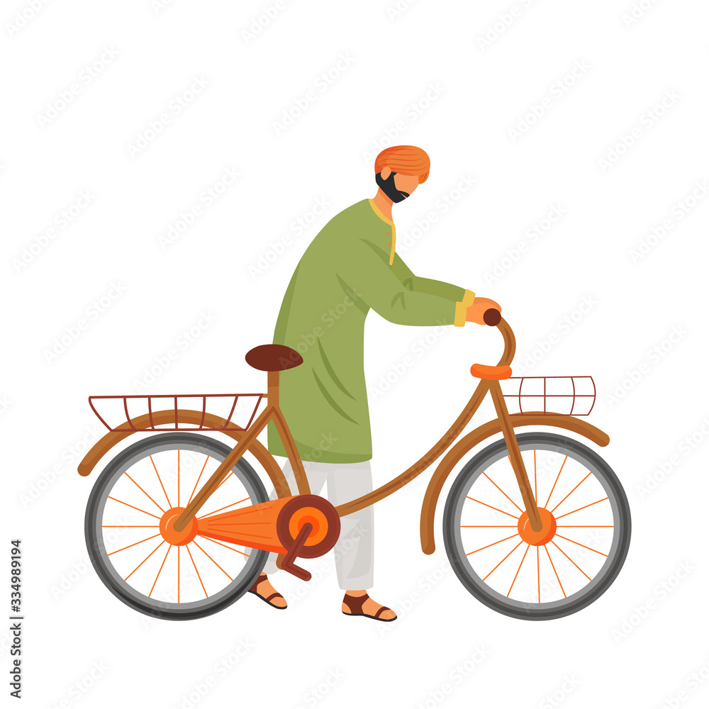Male Indian with bicycle flat color vector faceless character. Cyclist ...