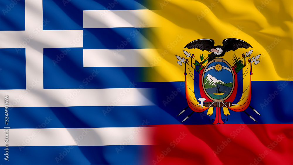 Waving Greece and Ecuador National Flags with Fabric Texture Stock ...