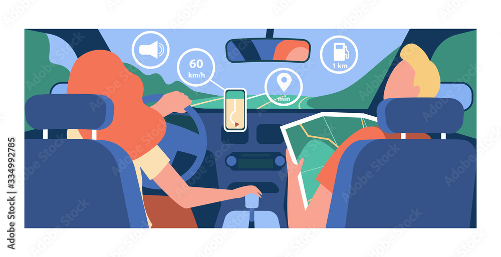 Driver and passenger navigating on road within map and mobile app. Back ...