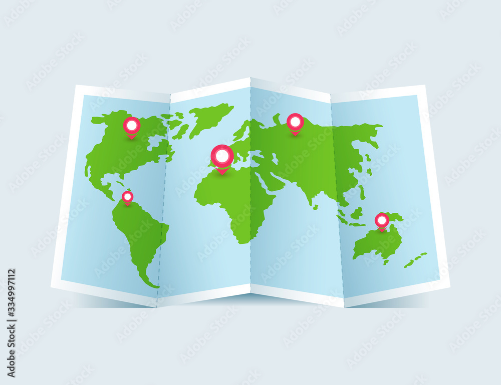 Green folded paper world map with pins vector illustration. Stock ... Green folded paper world map with pins vector illustration. Stock ...