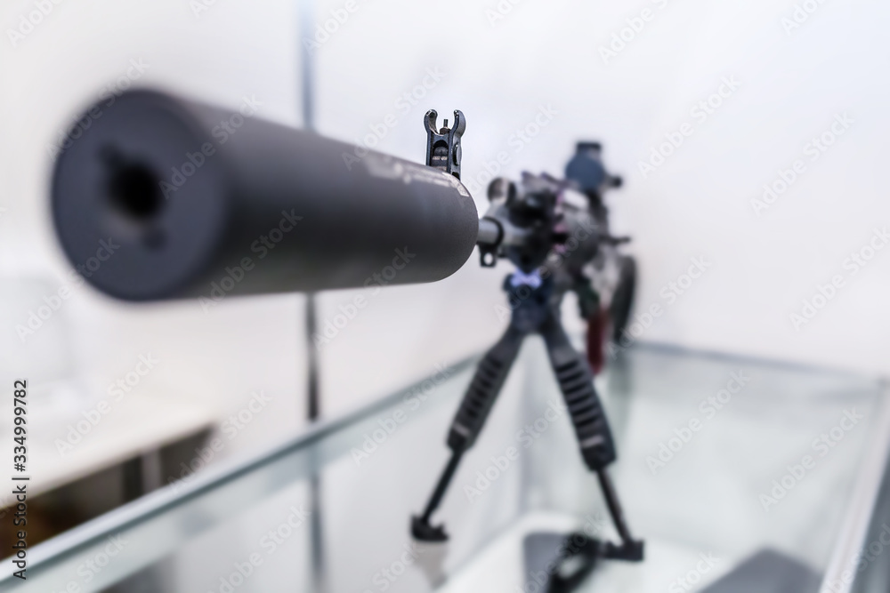 Sound suppressor or sound moderator and Iron sights on the gun barrel ...