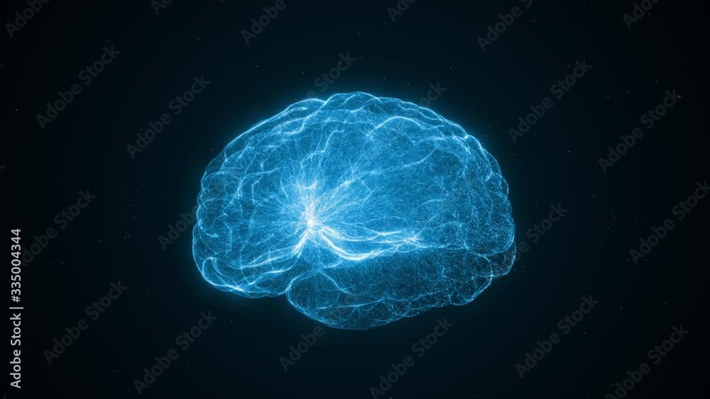 Blue luminous human brain. Neural connections glow. Detailed paths of ...