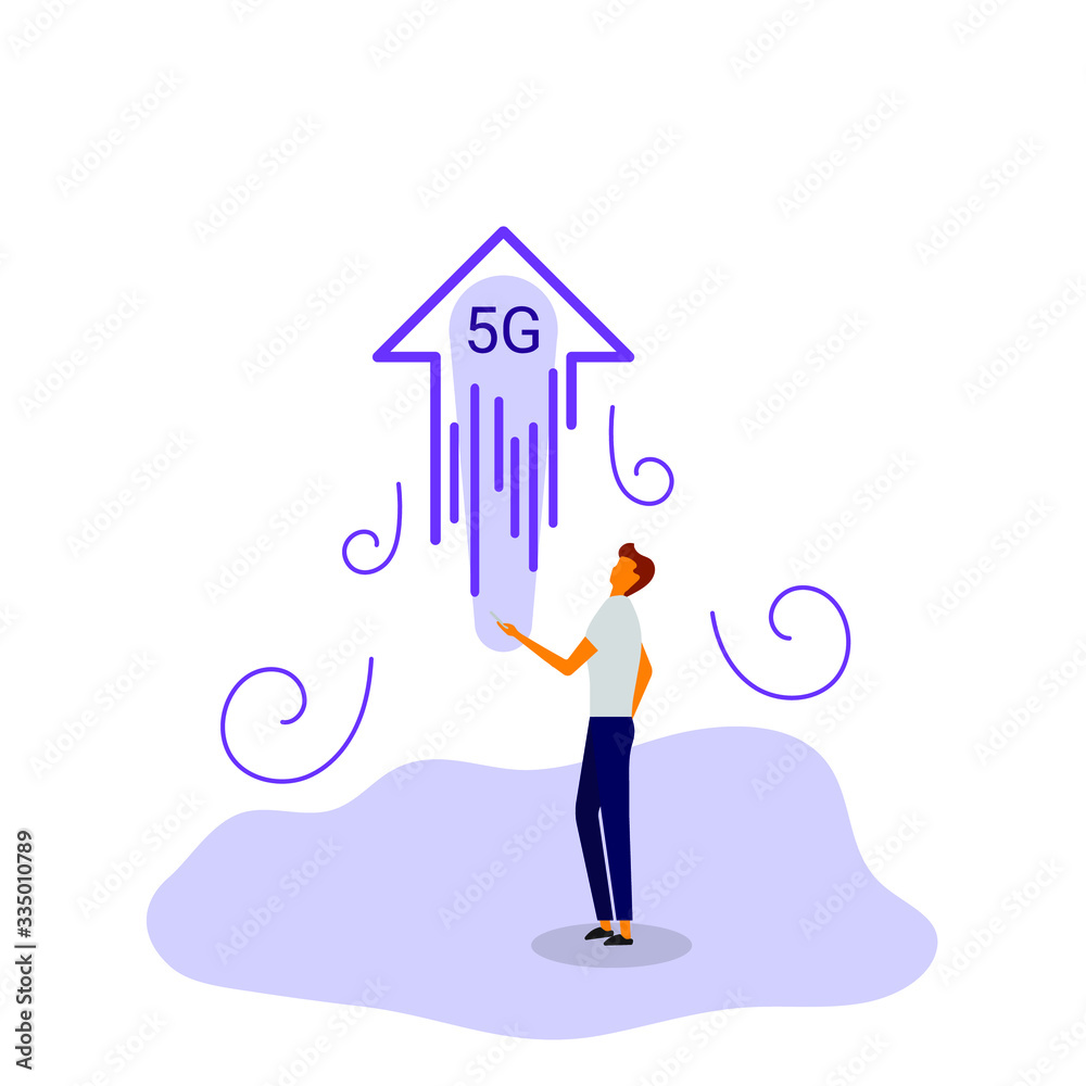 Cartoon man using 5G network on his smart phone, modern wireless ...