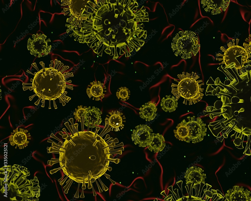 green and yellow corona covid viruses floats cgi render 3d Stock ...
