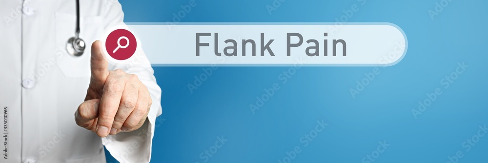 Foto de Flank Pain. Doctor in smock points with his finger to a search ...
