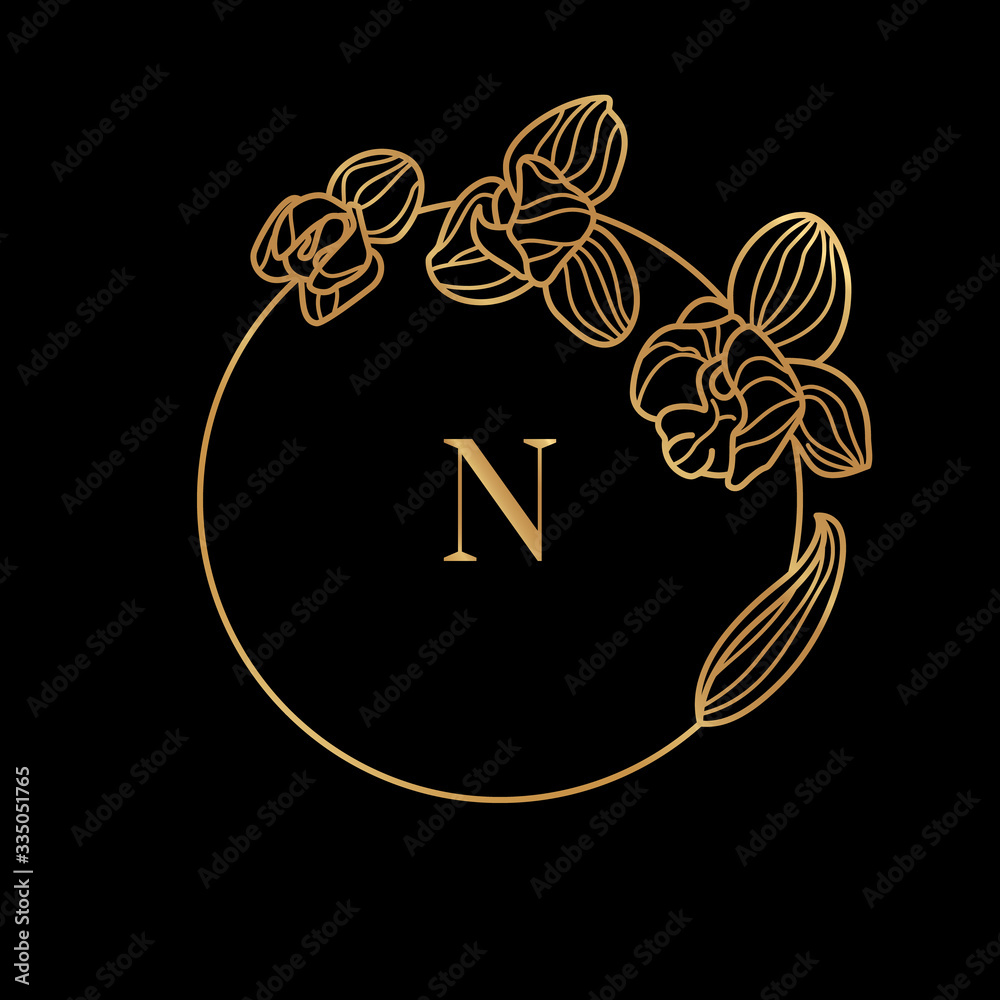 Gold frame template Orchid Flower and monogram concept with the letter ...
