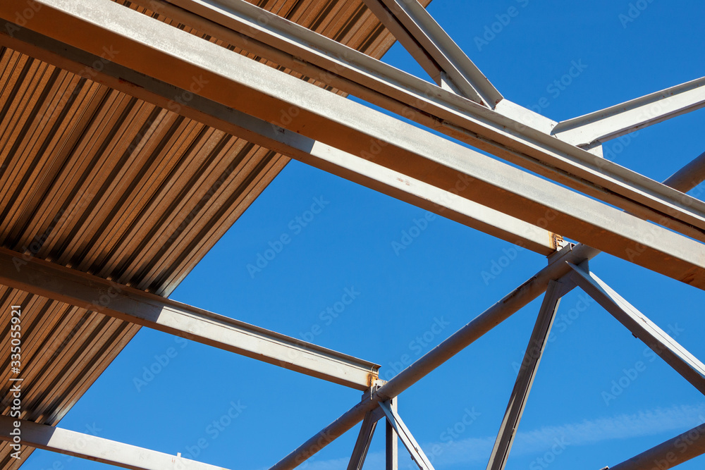 Steel architectural structure of iron beams and corrugated board ...