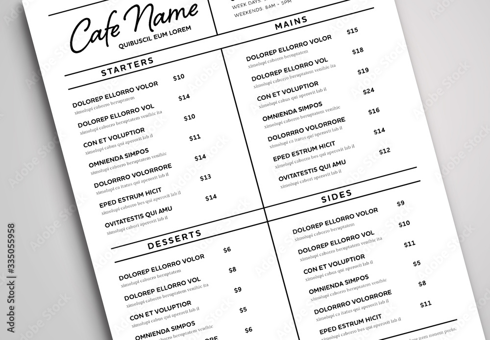 Black and White Menu Layout Stock Template | Adobe Stock
