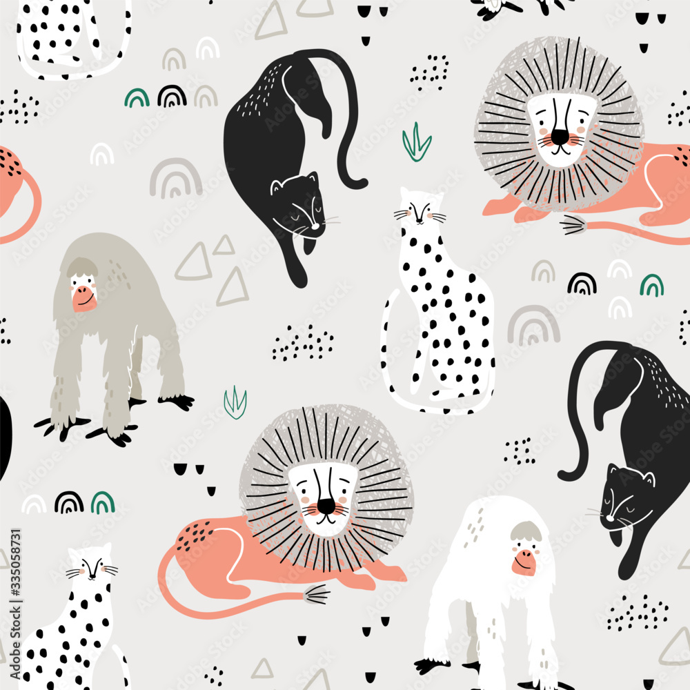 Seamless jungle pattern with african animals, panther, lion, orangutan ...