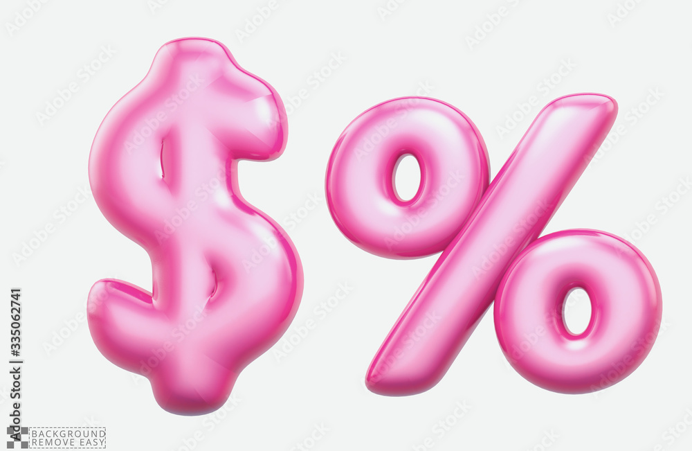 Dollar sign, money sig, percent bublle. Font bubble gum. 3D render set ...