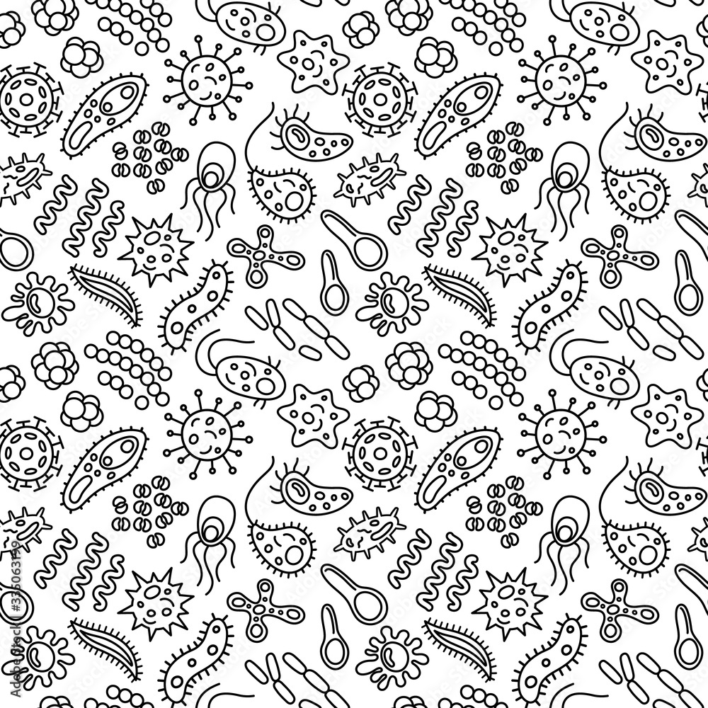 Seamless pattern with bacteria, viruses and germs. Microorganism cells ...