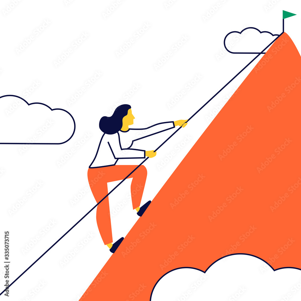 Mujer sube con decisión la montaña para alcanzar su objetivo. Conceptos ...