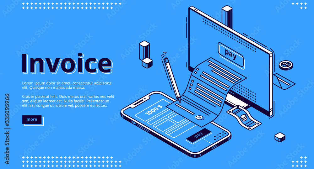 Invoice isometric landing page. Large bill for tax or service payment ...