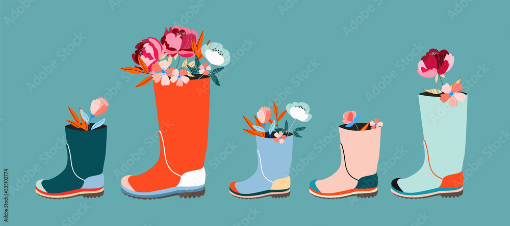 Flowers in wellies horizontal poster/ banner. Trendy vector rain boots ...