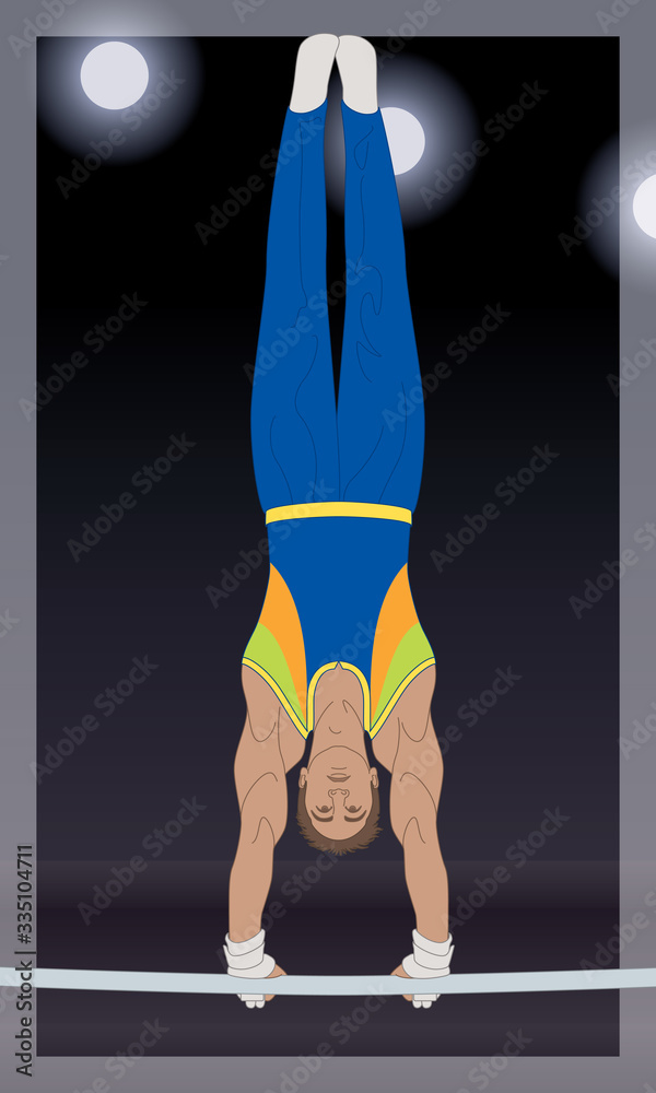 gymnast male on high horizontal bar inverted position against a dark ...