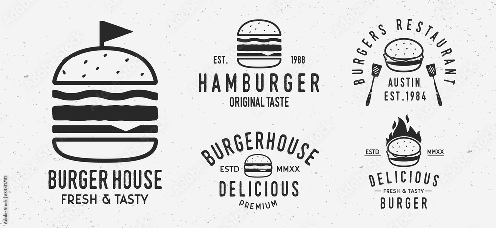 Vector Burger logo set. 5 Vintage Burger restaurants emblems. Hamburger ...