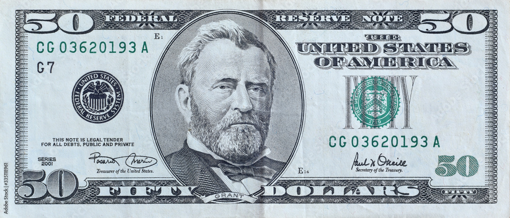 Portrait of US president Ulysses Simpson Grant on 50 dollars banknote ...