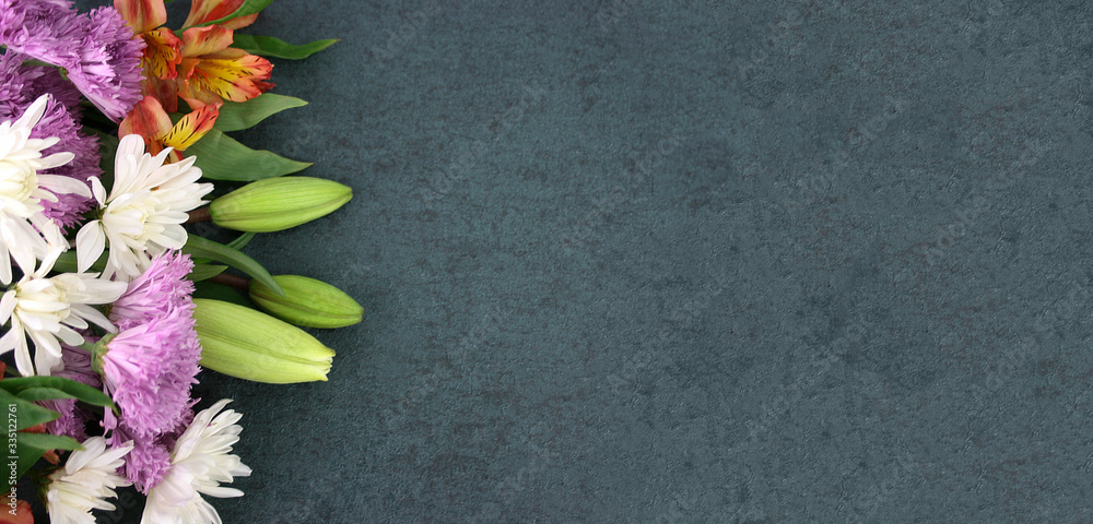 Beautiful Colorful Spring Flowers Bouquet Over Blackboard Texture Dark ...