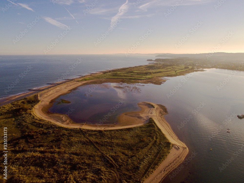 Aerial view of Dawlish Warren sand spit in Devon, UK. On the Exe ...