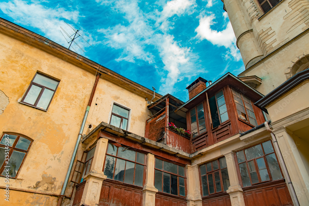 poor old back street slum buildings urban view foreshortening from ...