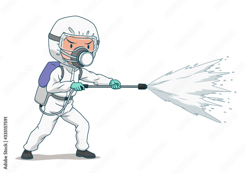 Cartoon character of disinfectant worker wearing protective mask and ...