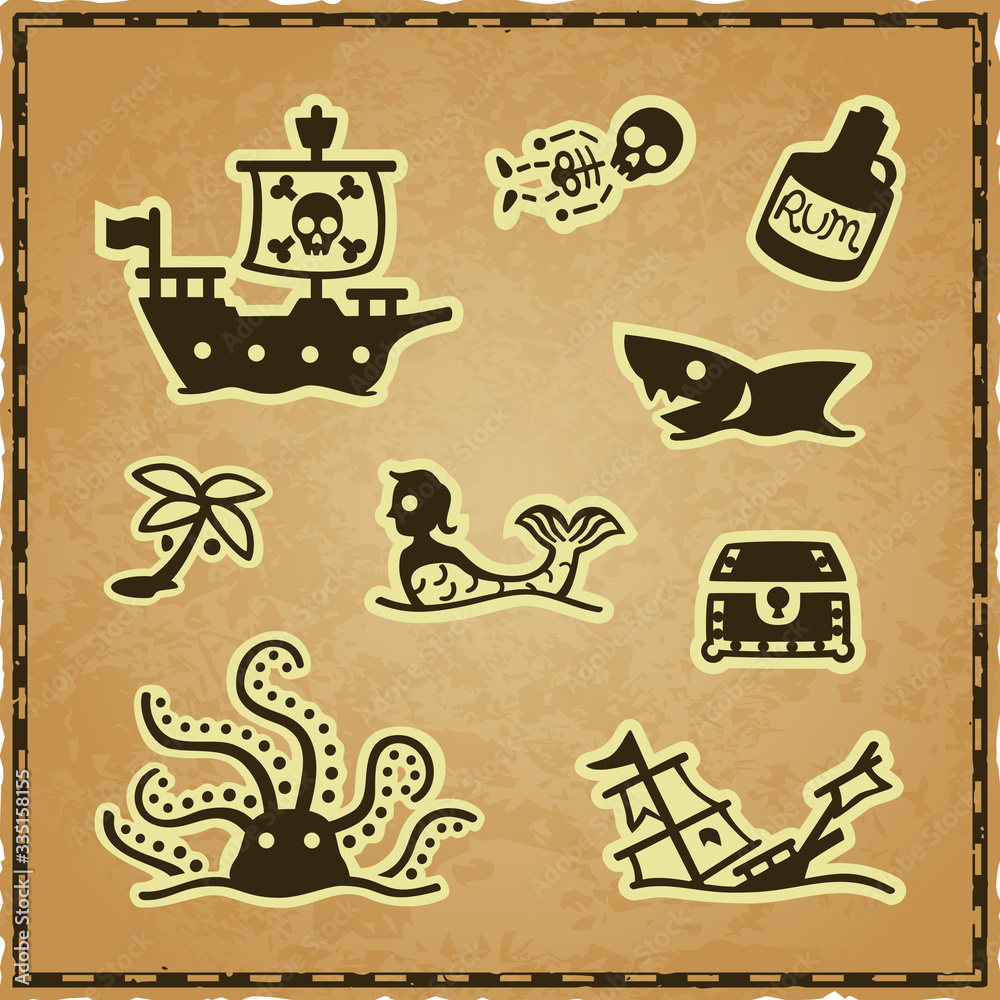 Vector set of pirate map icons on a worn parchment paper background ...
