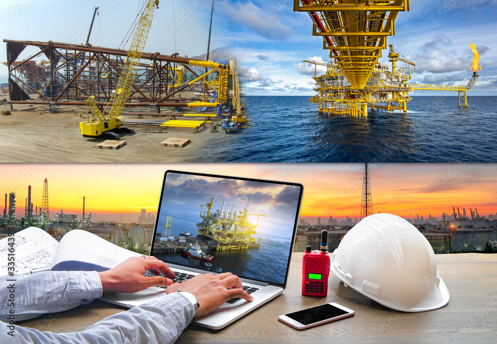 Industry of crude rig at oilfield. and construction offshore rig for ...