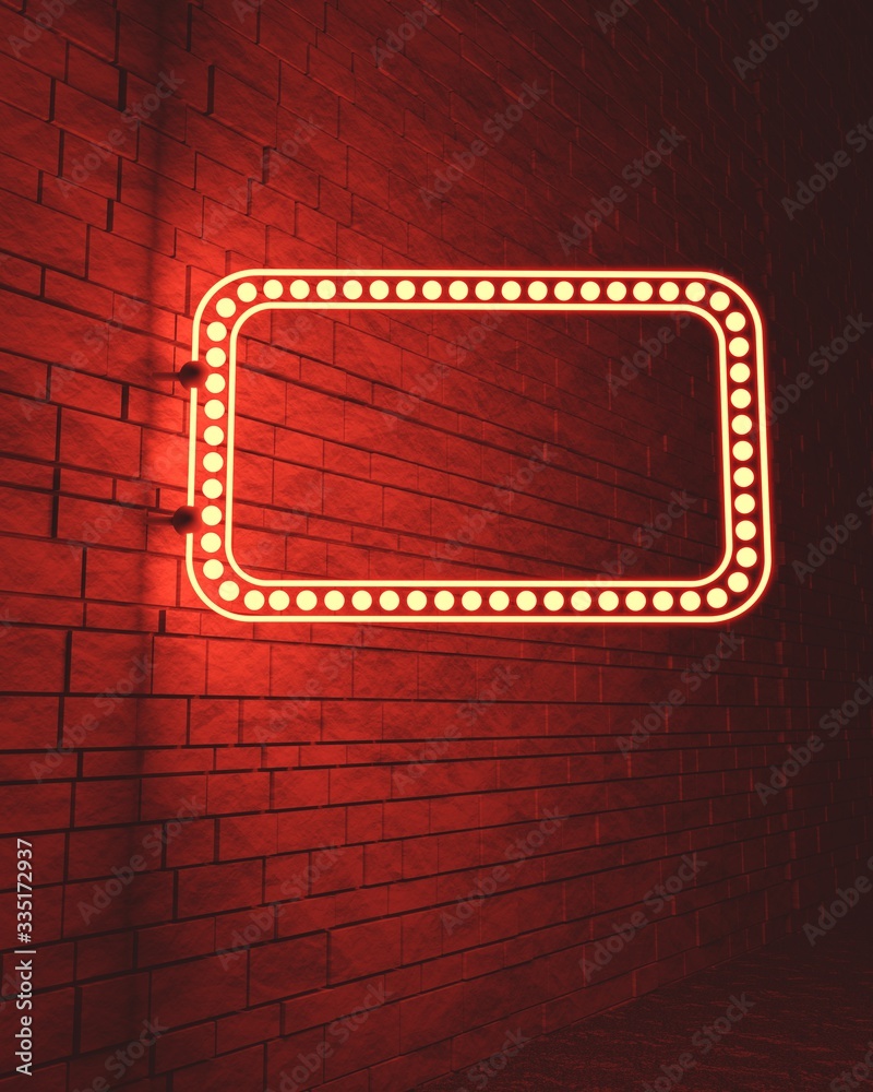 Neon frame hanging on the brick wall. 3D rendering. Neon bulb street ...