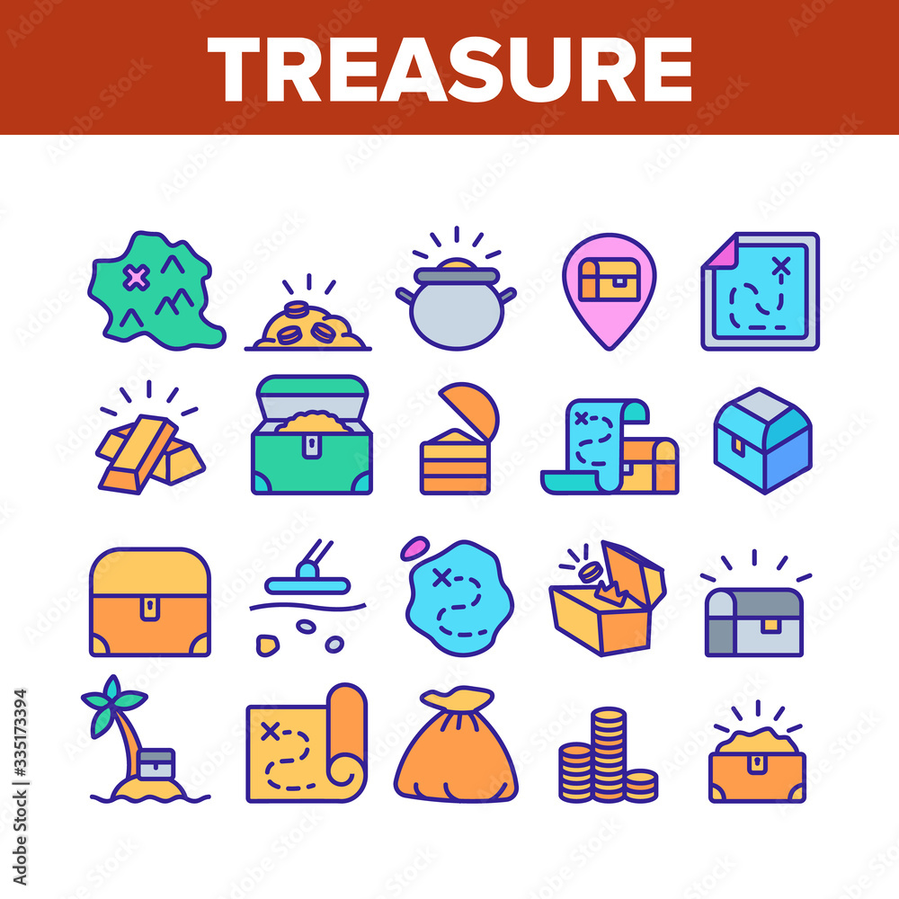 Treasure Pirate Gold Collection Icons Set Vector. Treasure Chest And ...