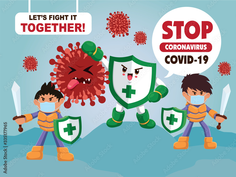 Vector cartoon hero character fighting with virus. COVID-19 Novel ...