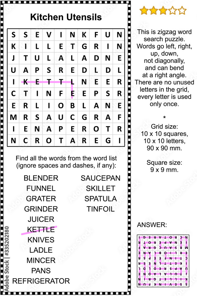 Kitchen utensils themed zigzag word search puzzle (suitable both for ...
