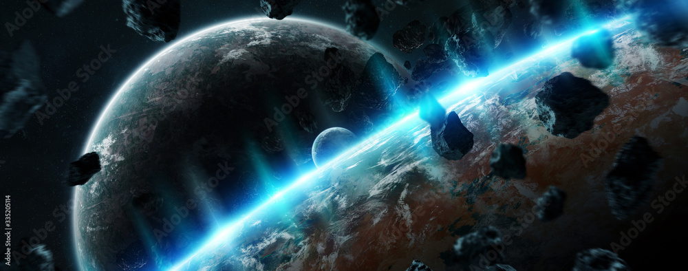Distant planet system in space with exoplanets 3D rendering elements of ...