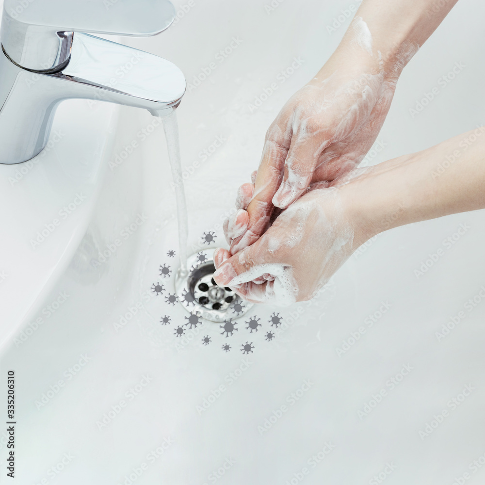 Girl washing hands, viruses and bacteria are washed off with ...