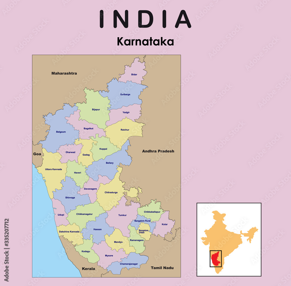 Karnataka map. vector illustration of Karnataka district map with ...