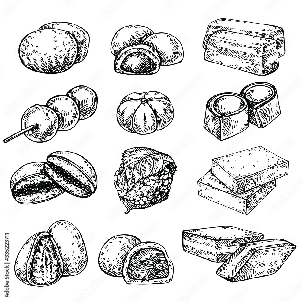 Sketch set of Japan desserts. Hand drawn mochi, dango, daifuku,rice ...