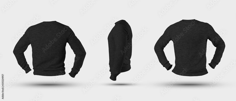 Mockup black blank heather, men's clothing front, back, side view, for ...