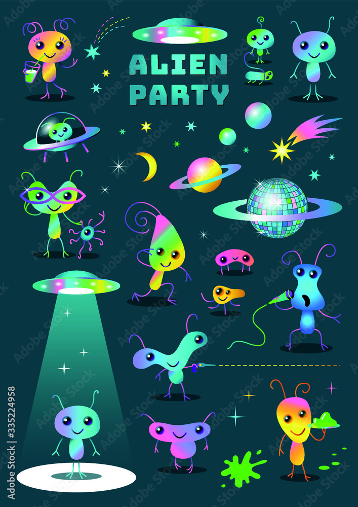 Cute Colorful Alien Party Cartoon Characters Set Clipart on Dark ...