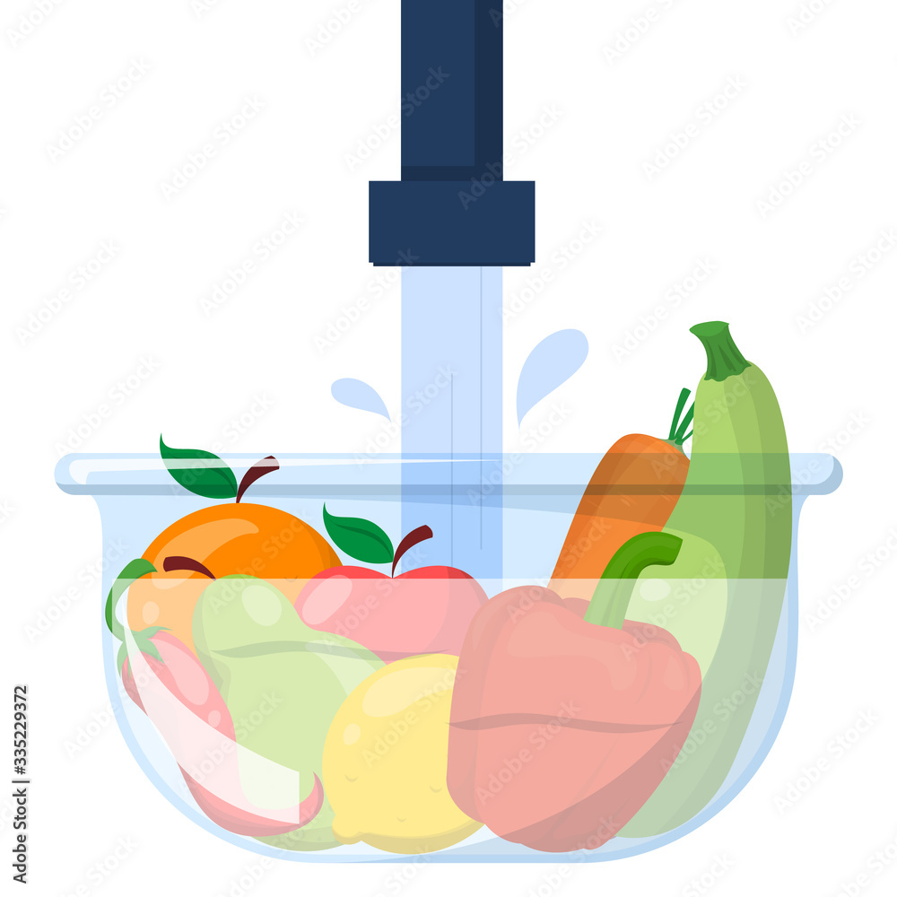Vegetables and fruits in a bowl under the water Stock Vector | Adobe Stock