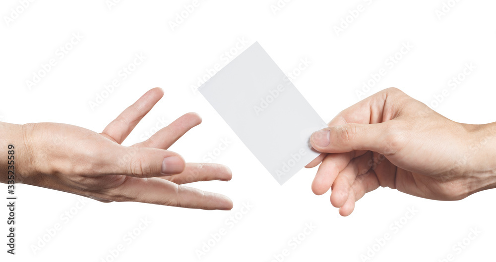 Hand giving a blank card or a ticket/flyer, isolated on white ...