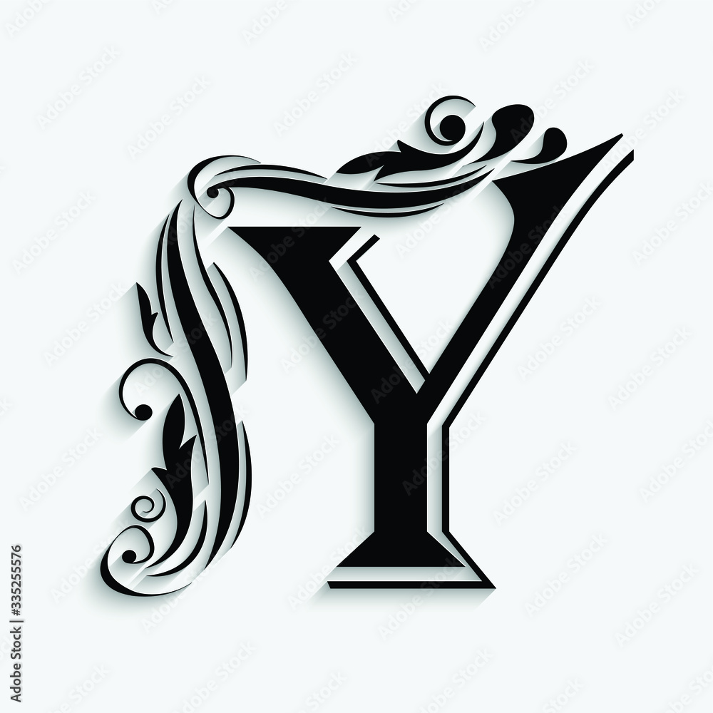 letter Y. Black flower alphabet. Beautiful capital letter with shadow ...