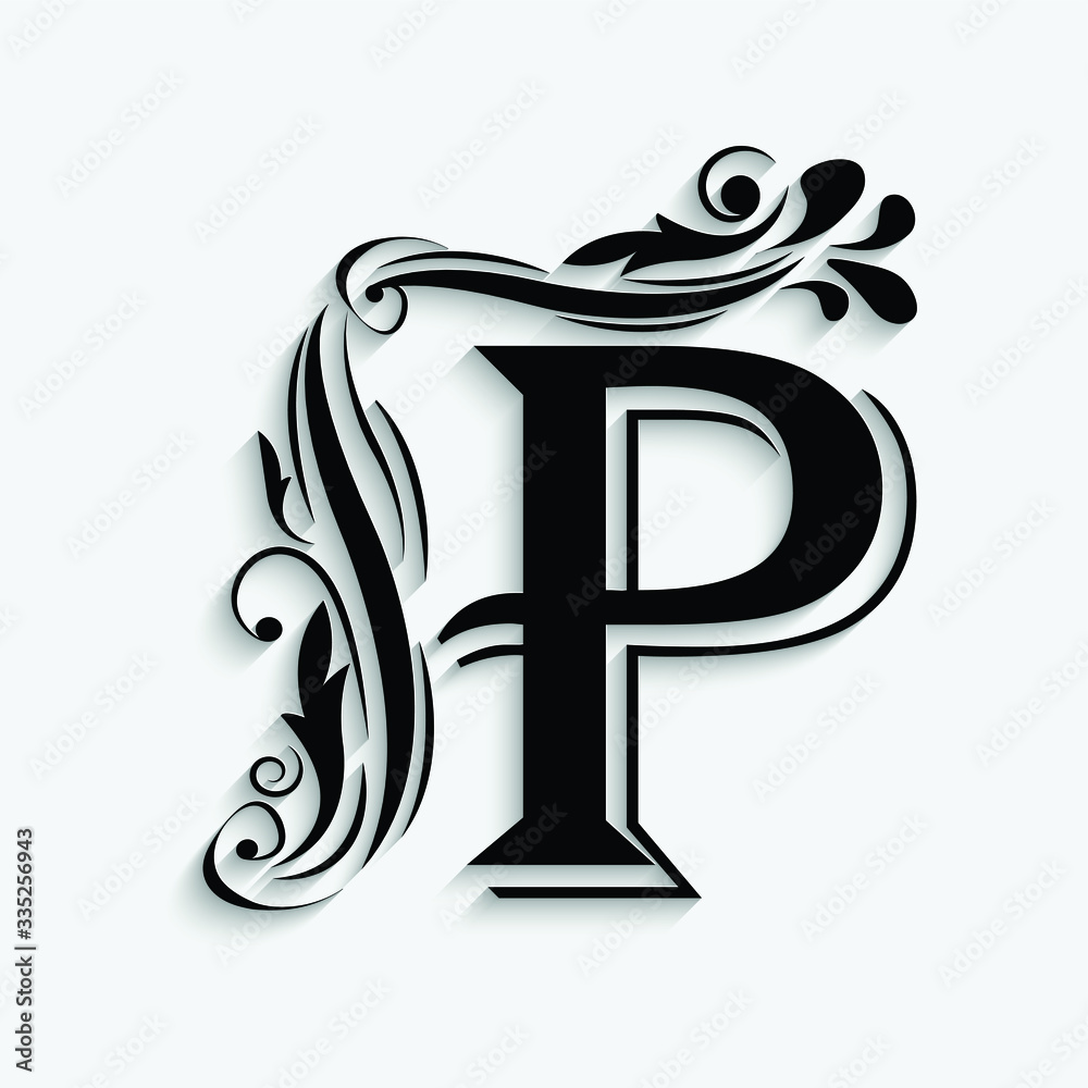 letter P. Black flower alphabet. Beautiful capital letter with shadow ...