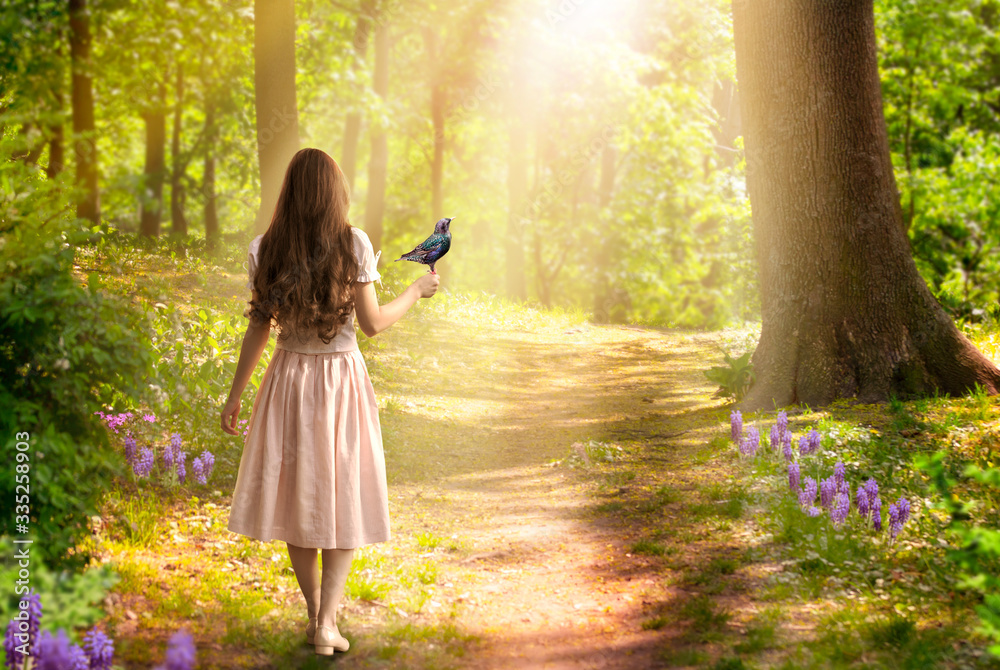 Lady girl with long hair in dress with bird in hand walking in fantasy ...
