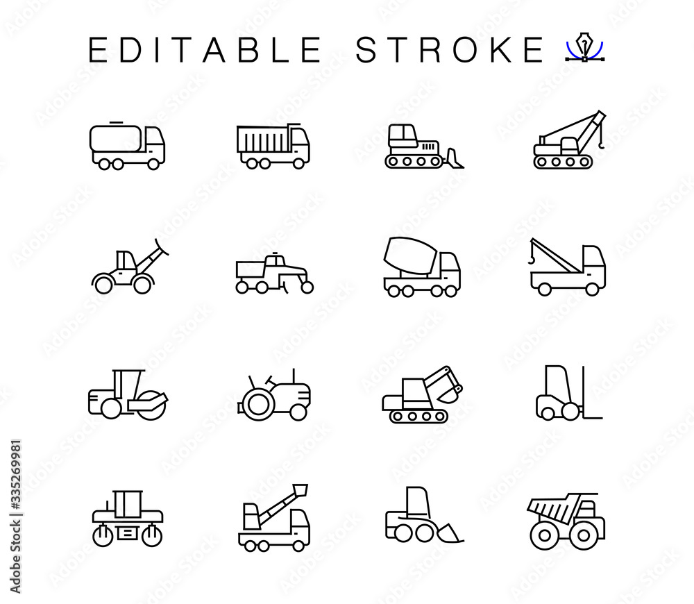 Construction machinery linear contour illustrations icons set. Heavy ...