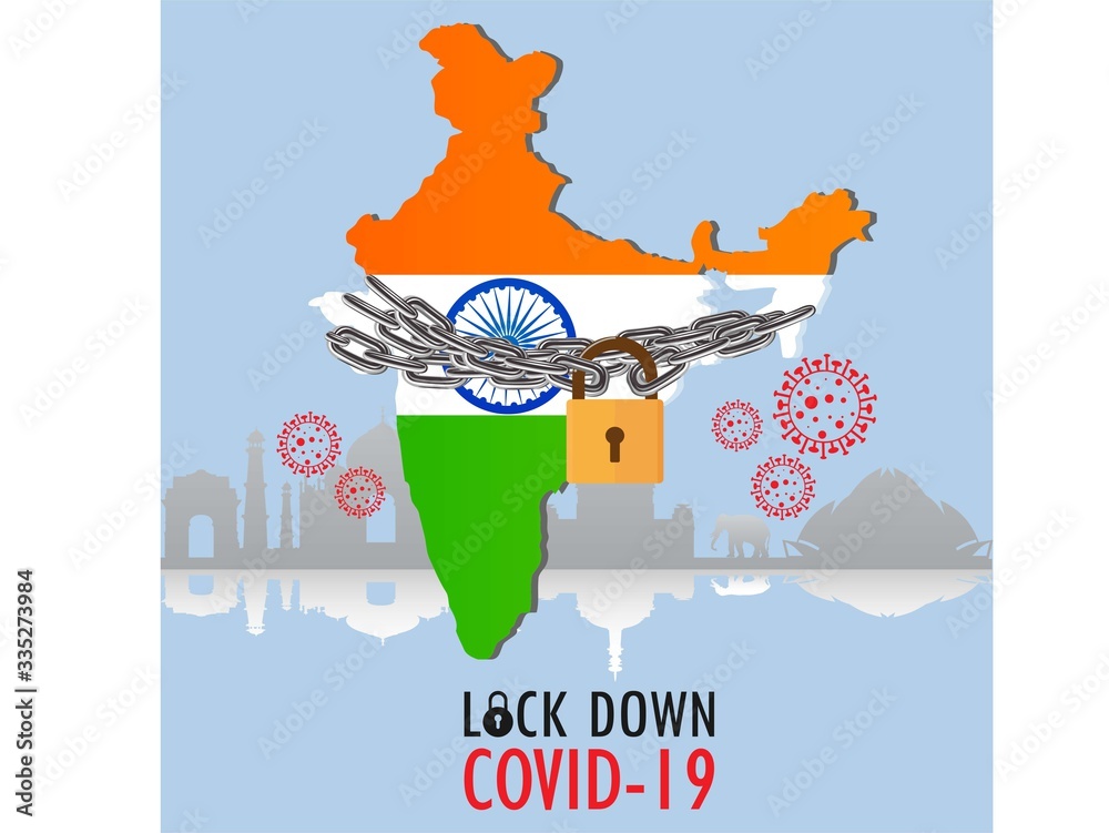 Concept illustration of India lockdown with maps, flag and lock symbol ...