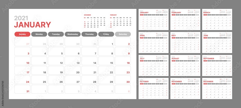 Wall calendar template for 2021 year. Planner diary in a minimalist ...