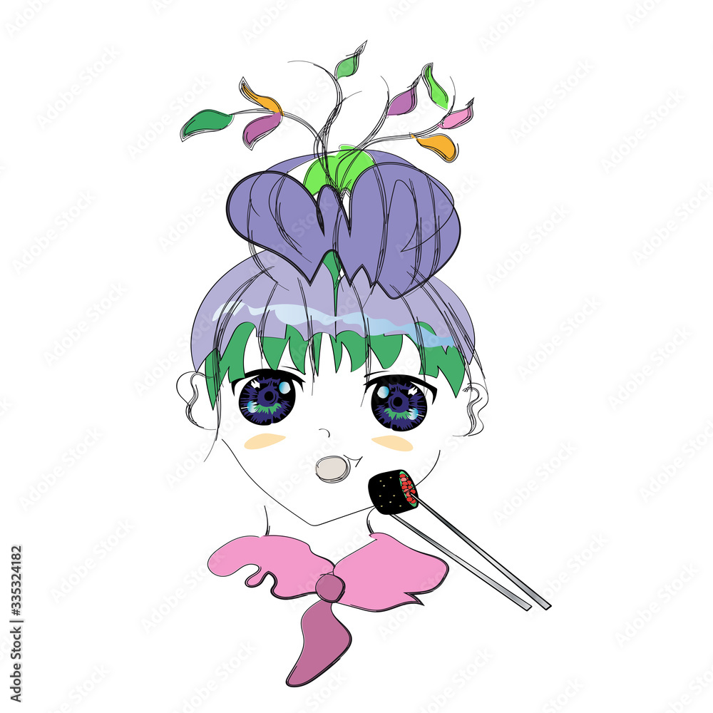 Anime girl with purple hair and bun hairstyle eating roll with caviar ...