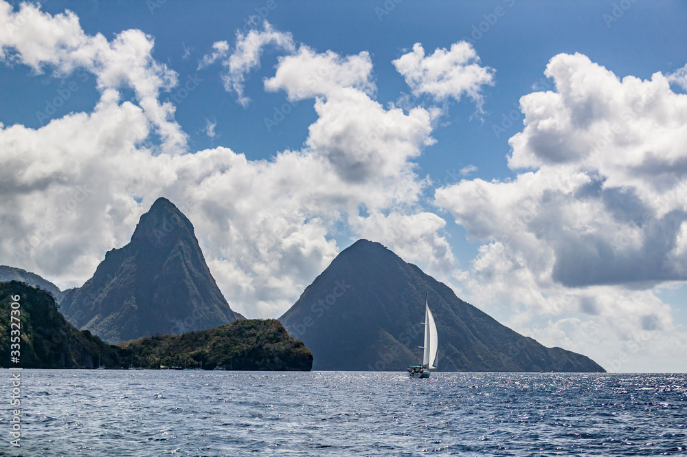 Sailing yacht at the Pitons, famous landmark of Saint Lucia Island ...
